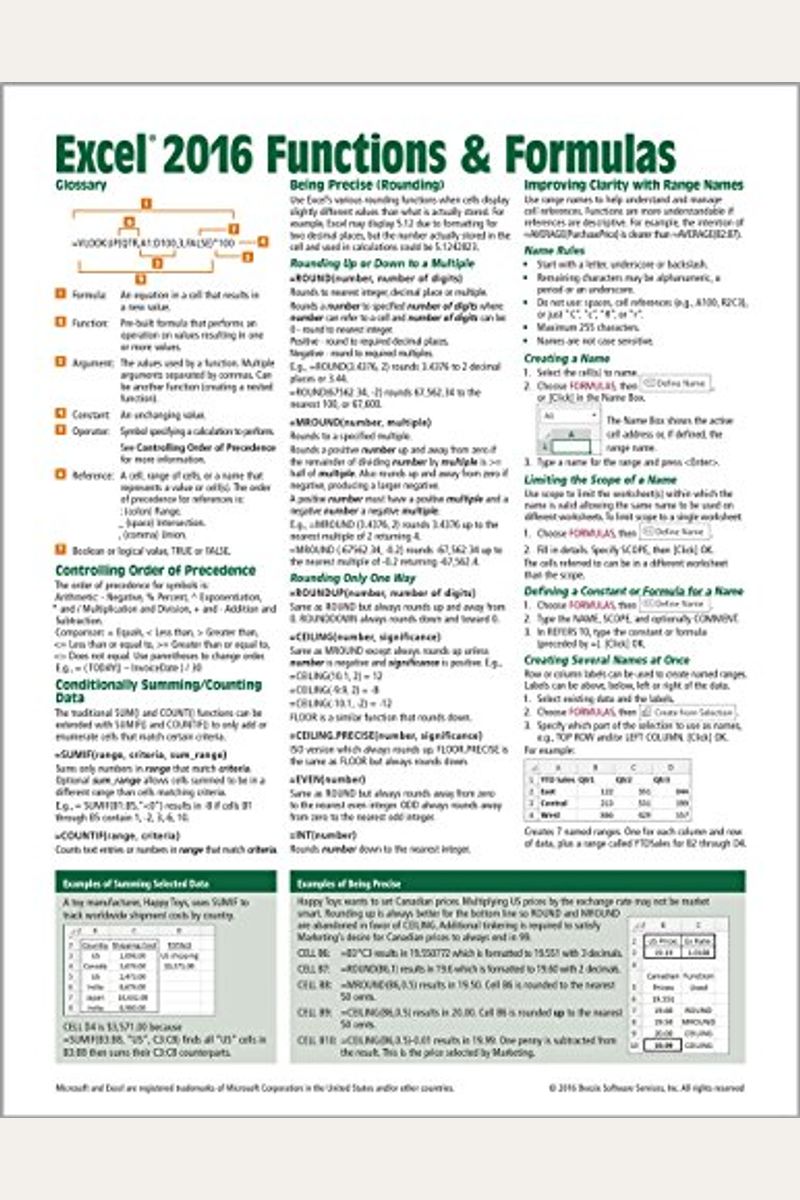 Buy Microsoft Excel Functions Formulas Quick Reference Card Page Cheat Sheet Focusing On